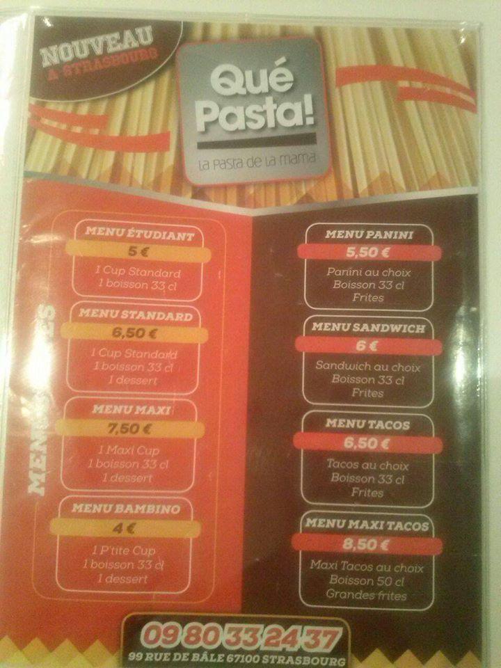 Menu at Qué Pasta restaurant, Strasbourg