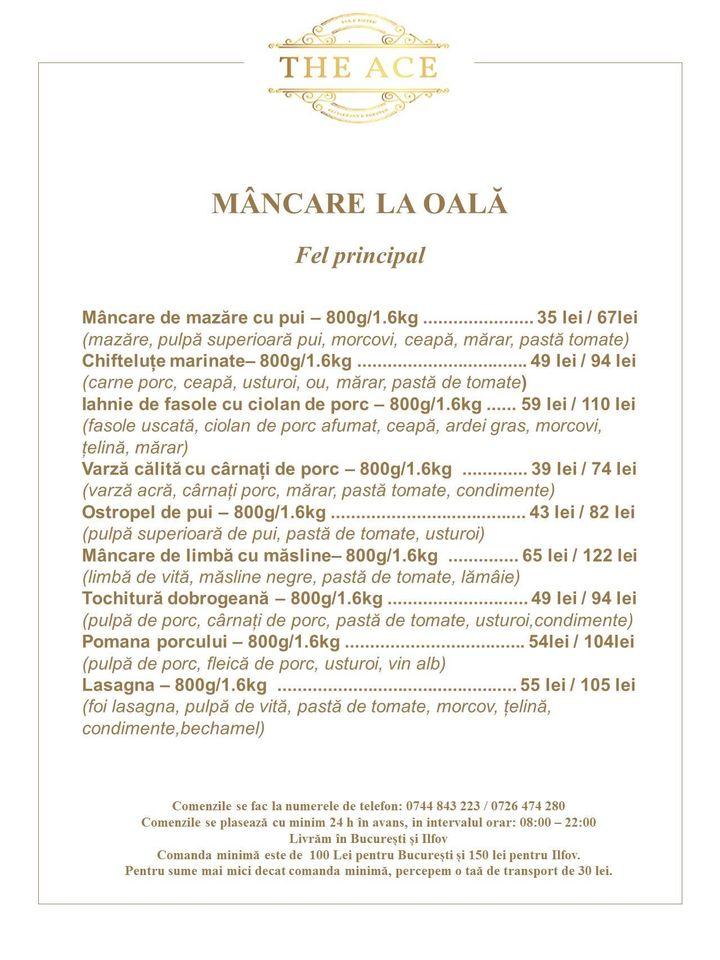 Menu at The Ace, Bucharest