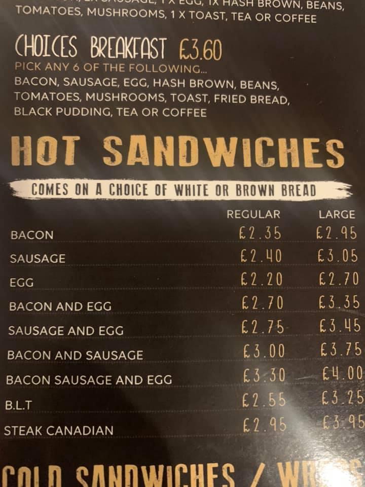Menu at Arcade cafe, Colne