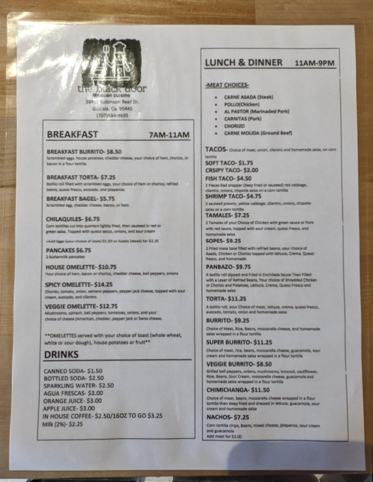 Menu at The Black Door restaurant, Gualala