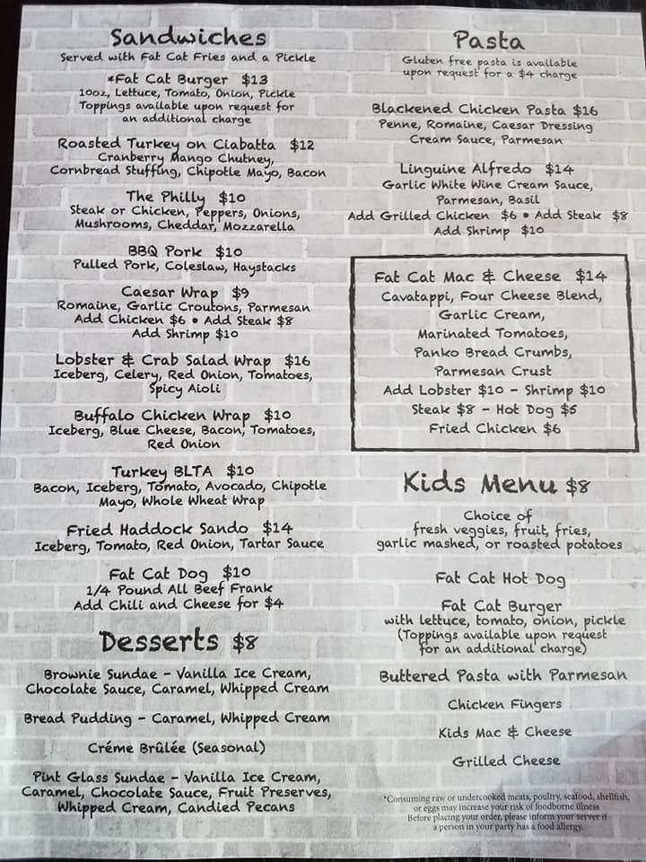Menu at The Fat Cat restaurant, Quincy, Hancock St