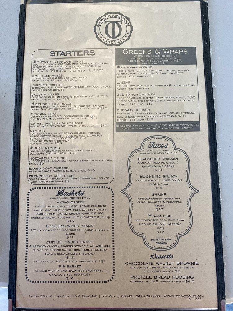 Menu at Timothy O'Toole's Pub Lake Villa, Lake Villa