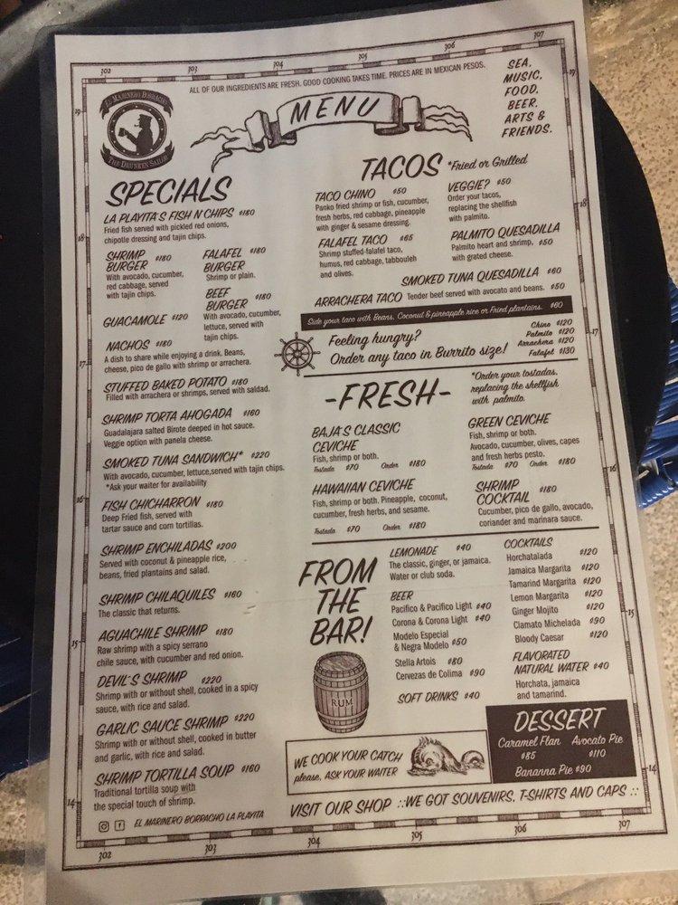Menu at El Marinero Borracho restaurant, San José del Cabo, Boulevard ...