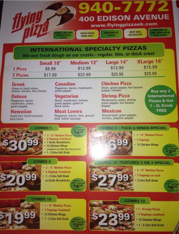 Menu at Flying Pizza pizzeria, Winnipeg, 400 Edison Ave