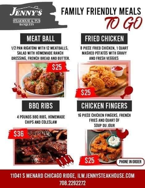Menu at Jenny's Steak and Banquets steakhouse, Chicago Ridge