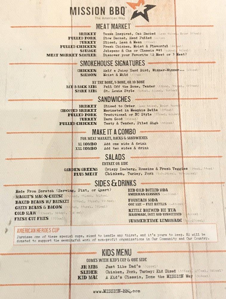 Menu at MISSION BBQ, Herndon