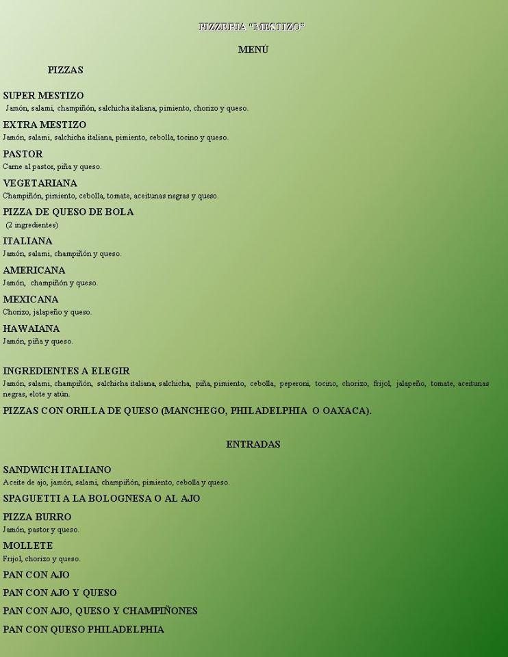 Menu at PIZZERIA MESTIZO, Mexico