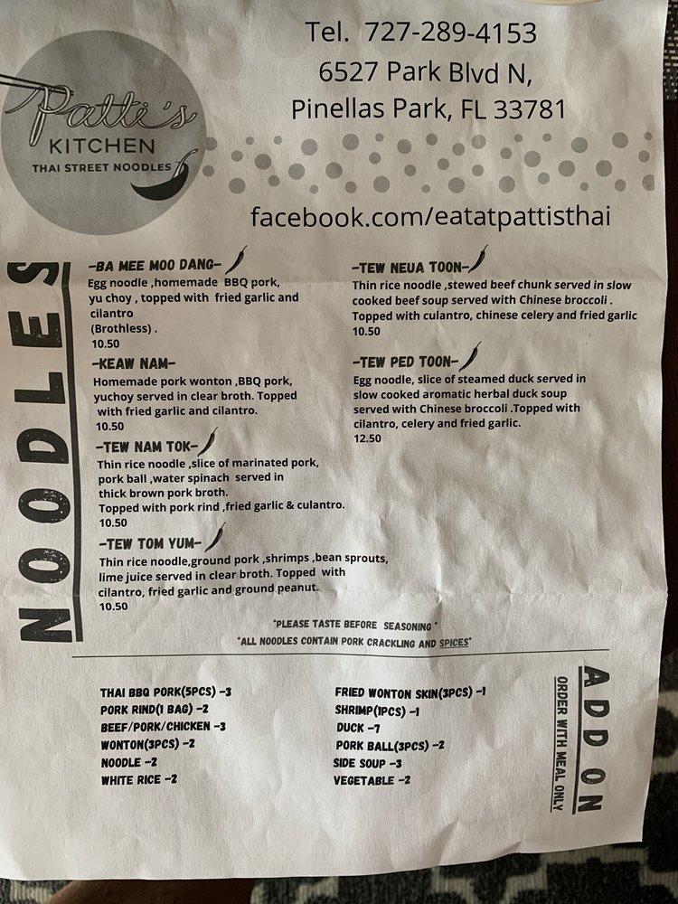 Menu at Patti's Kitchen Thai Street Noodles restaurant, Pinellas Park