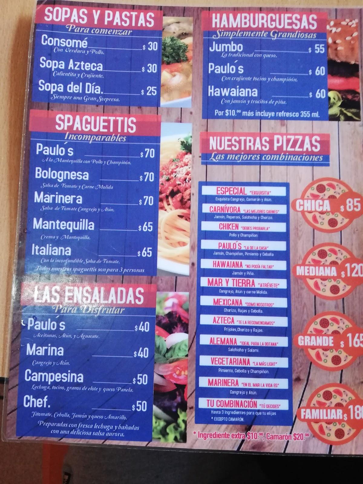Carta del restaurante Paulo's Pizza, Villa Nicolás Romero