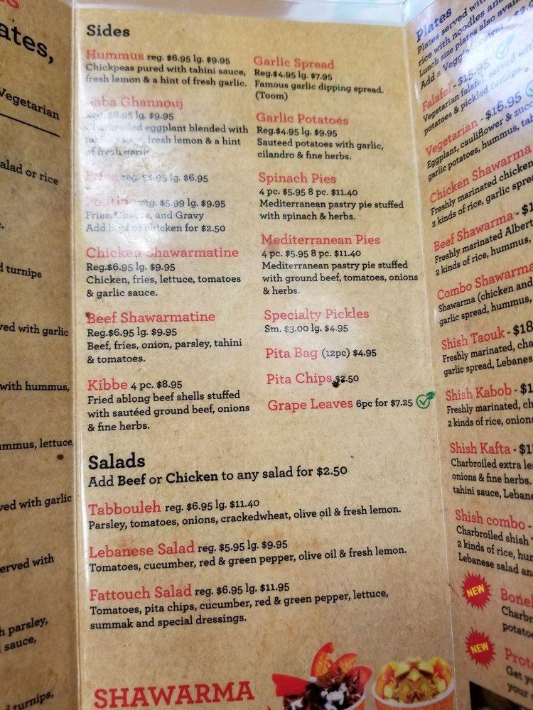 Menu at Shish Shawarma restaurant, Edmonton, 118 St NW