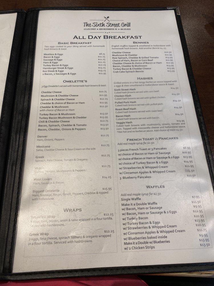 Menu at Sixth Street Grill restaurant, New Westminster