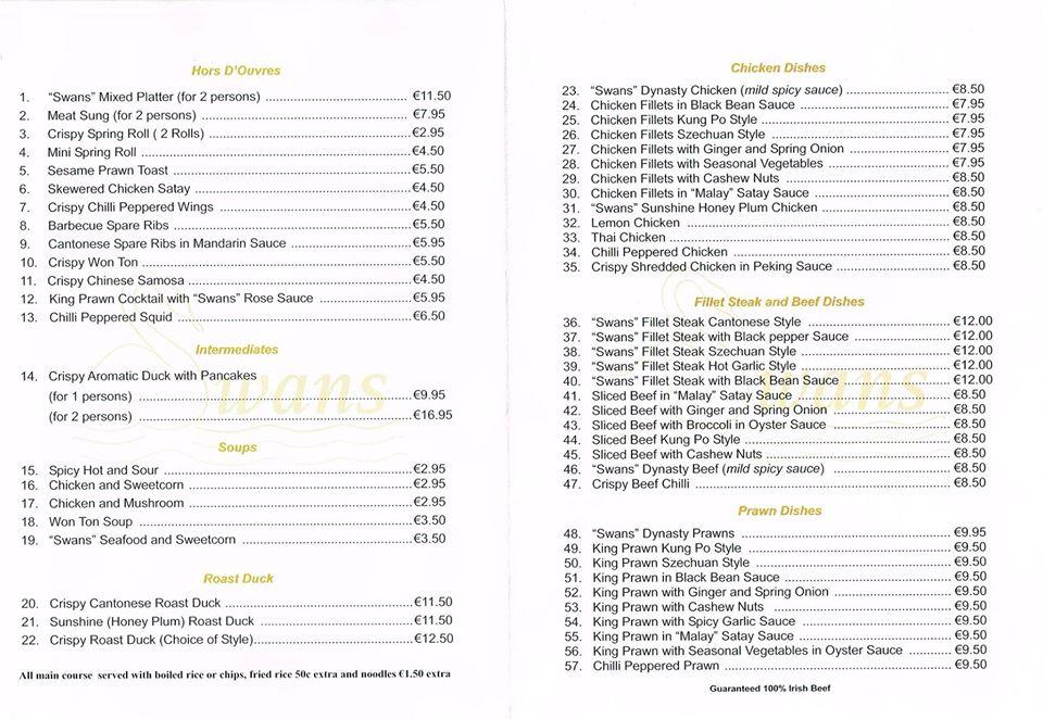 Menu at Swan's restaurant, Callan