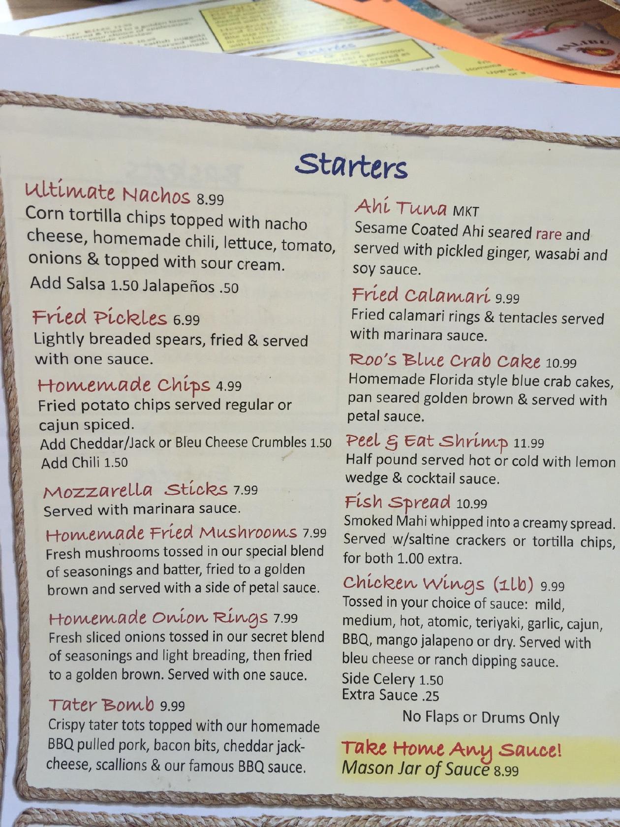 Menu at Woody's River Roo pub & bar, Ellenton