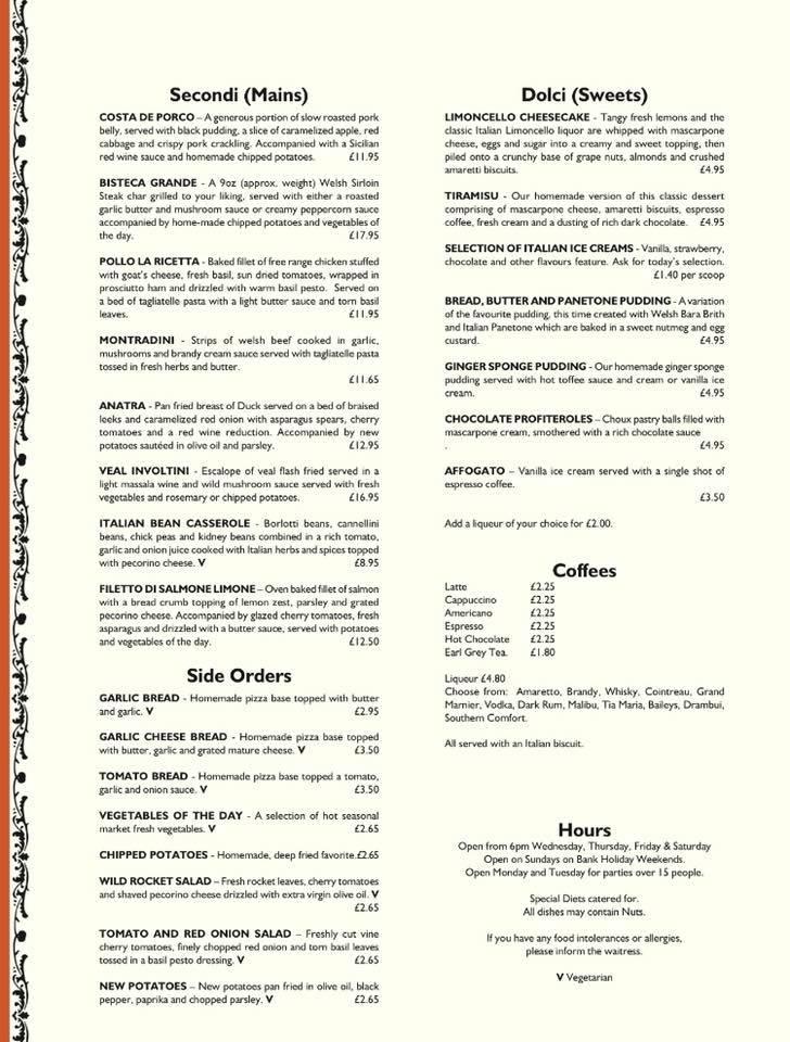 Menu at La Ricetta restaurant, Prestatyn