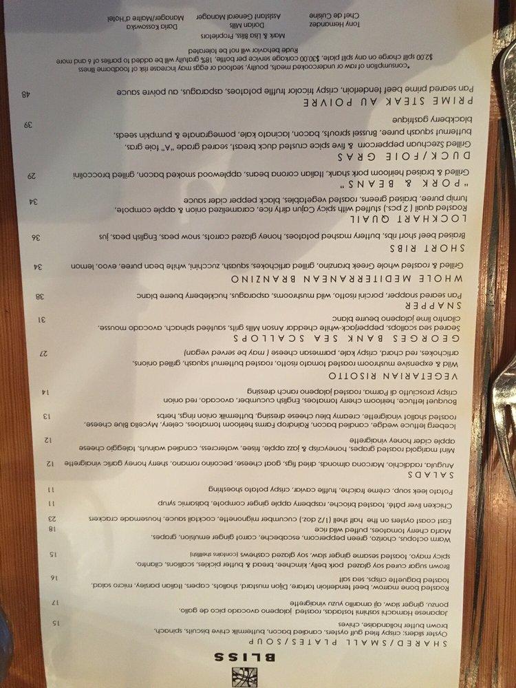Menu at Bliss restaurant, San Antonio