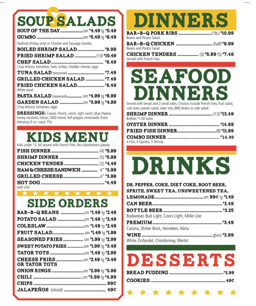 Menu at Fat Daddy's restaurant, Plaquemine