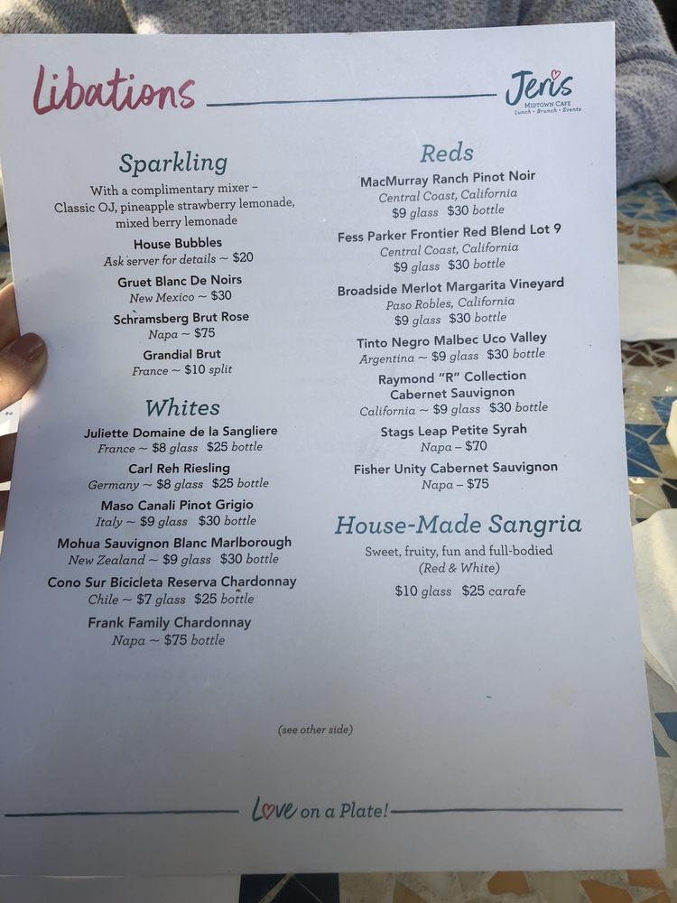 Carta de Jeri's Midtown Cafe, Tallahassee