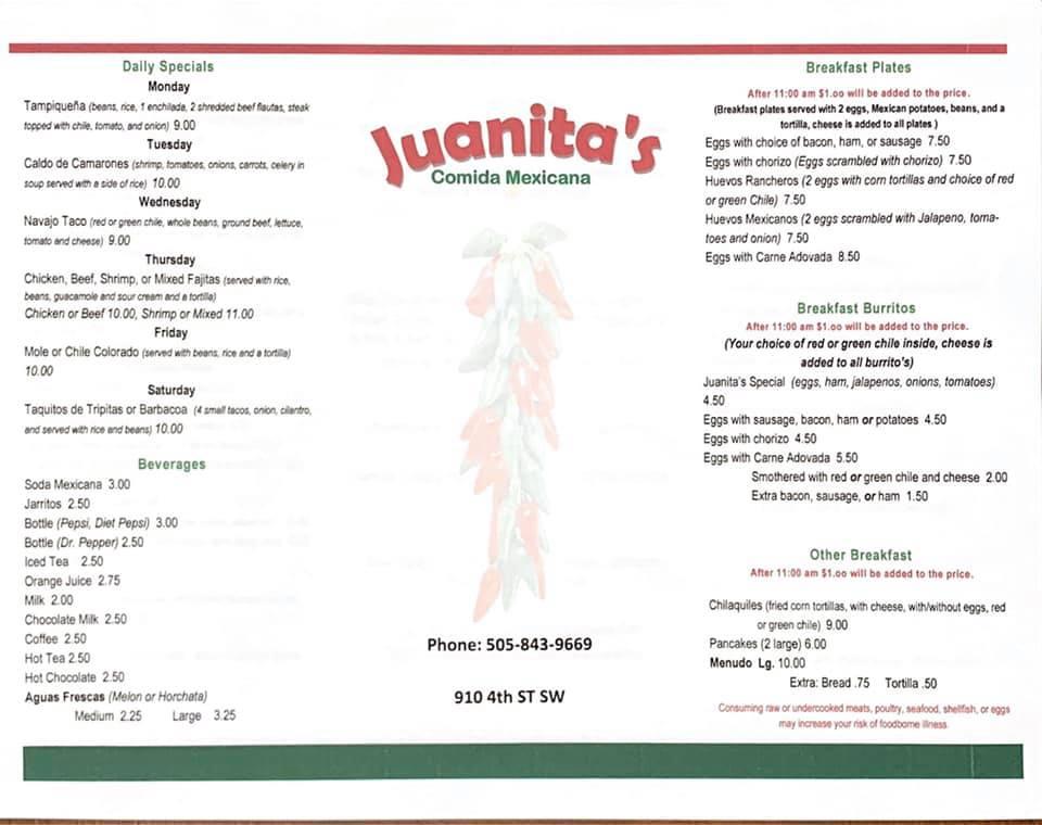 Menu at Juanita's Comida Mexicana restaurant, Albuquerque