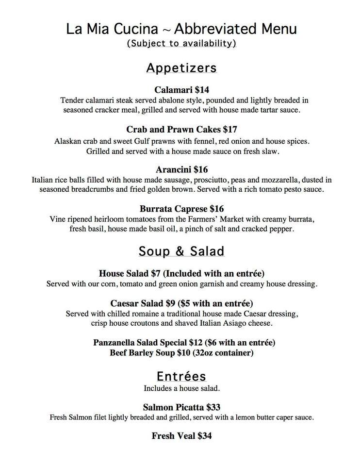 Menu at La Mia Cucina restaurant, Pacific Grove