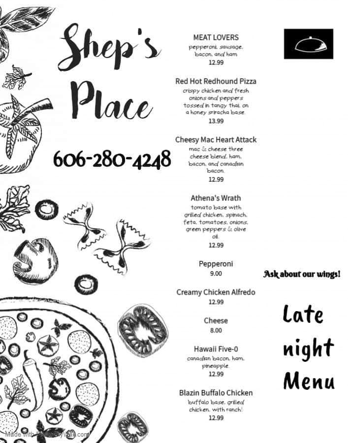 Menu at Shep's Place pub & bar, Corbin