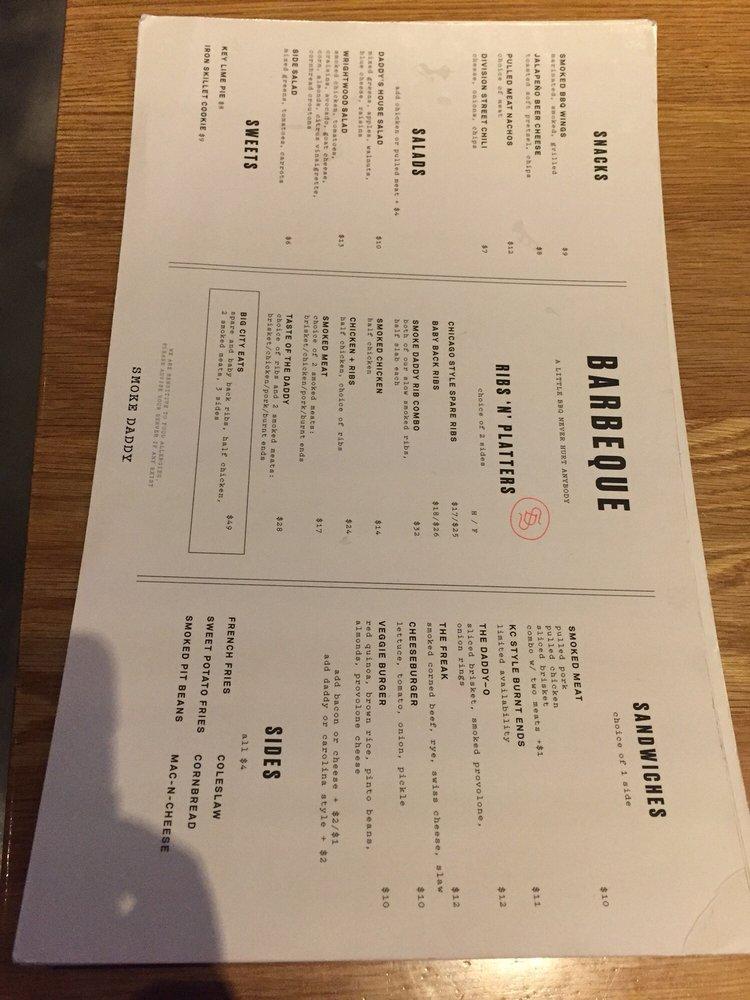 Menu at Smoke Daddy BBQ - Wrigleyville, Chicago, N Clark St