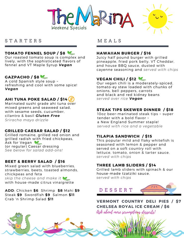 Menu at The Marina restaurant, Brattleboro