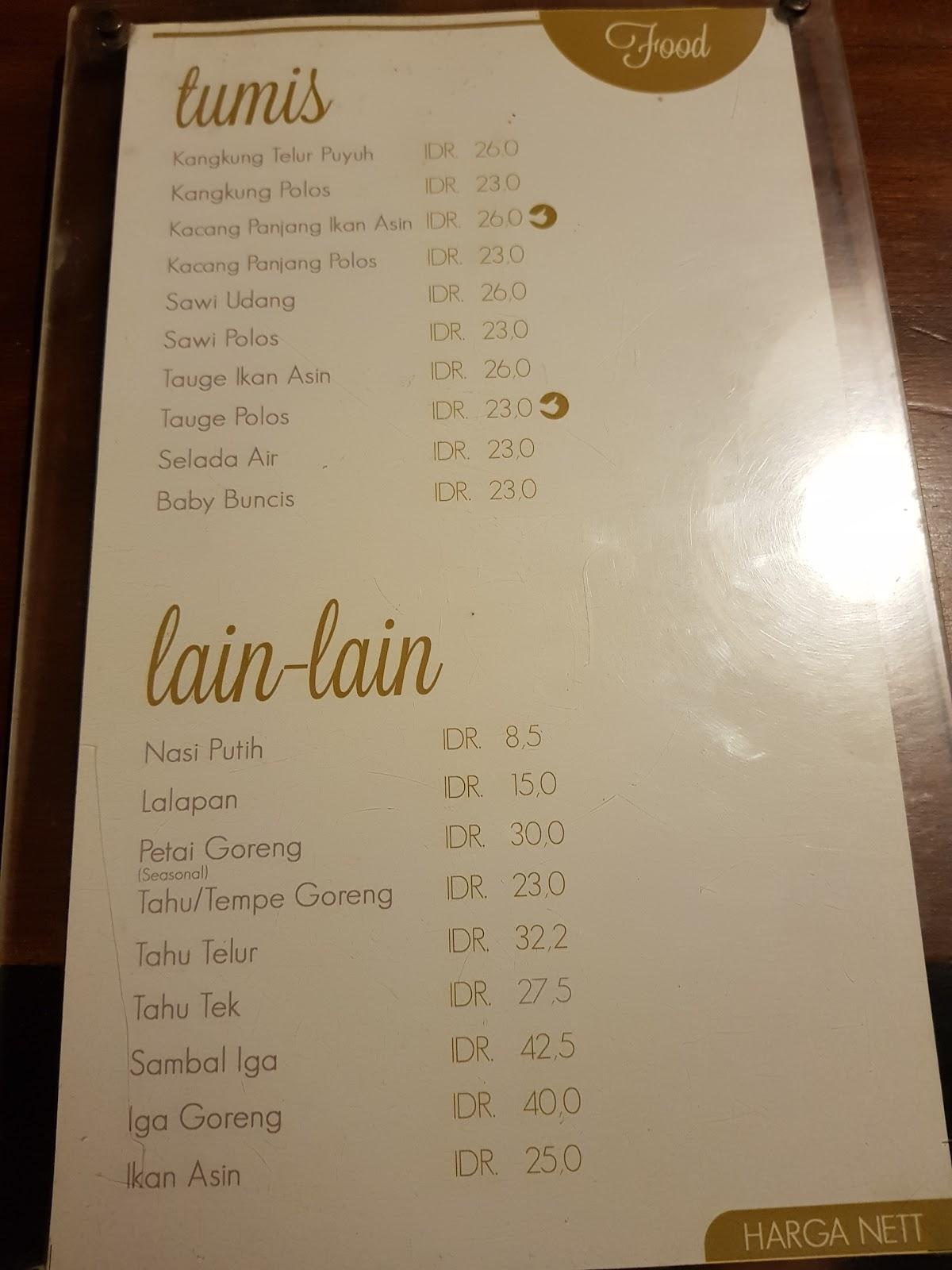 Menu at Warung Bethania Batu restaurant, Malang