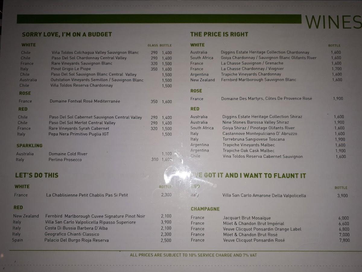 Menu at Above Eleven pub & bar, Bangkok