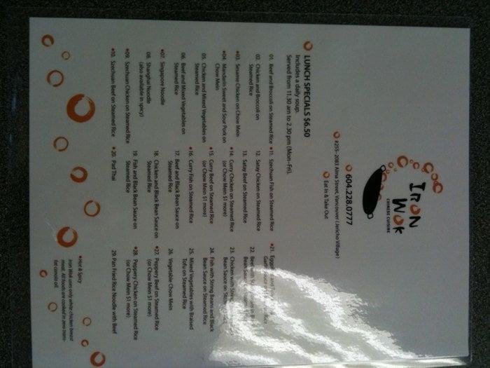 Menu at Iron Wok fast food, Vancouver