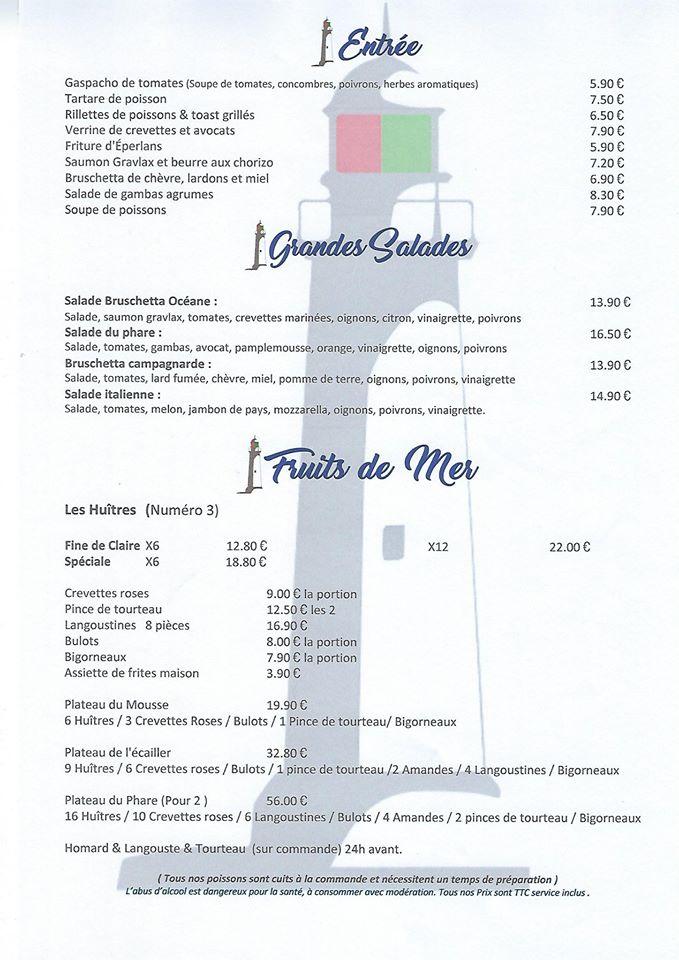 Menu at Le Phare restaurant, Ormoy