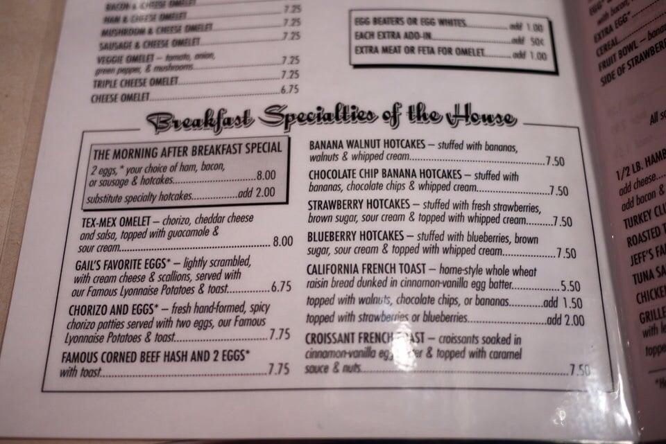 Menu at Pamela's Diner restaurant, Pittsburgh, 60 21st St