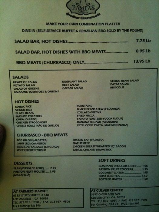 Menu at Pampas Grill Churrascaria restaurant, Los Angeles, W 3rd St