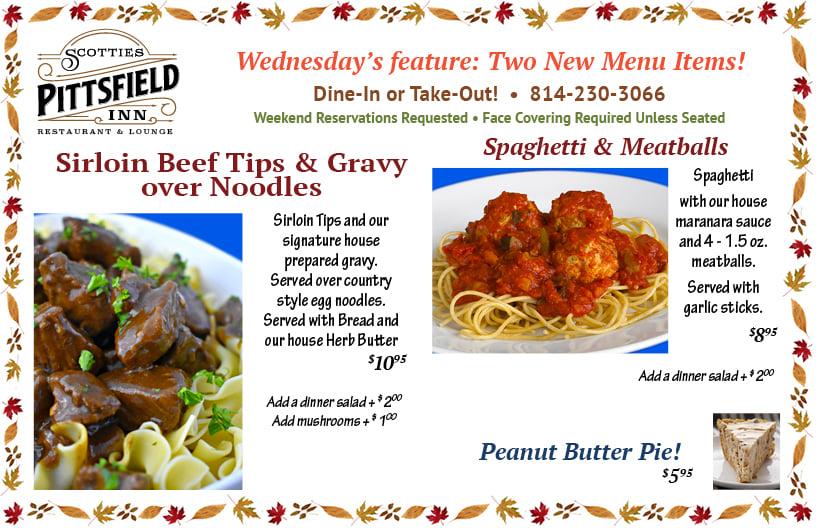 Menu at Scotties Pittsfield Inn restaurant, USA