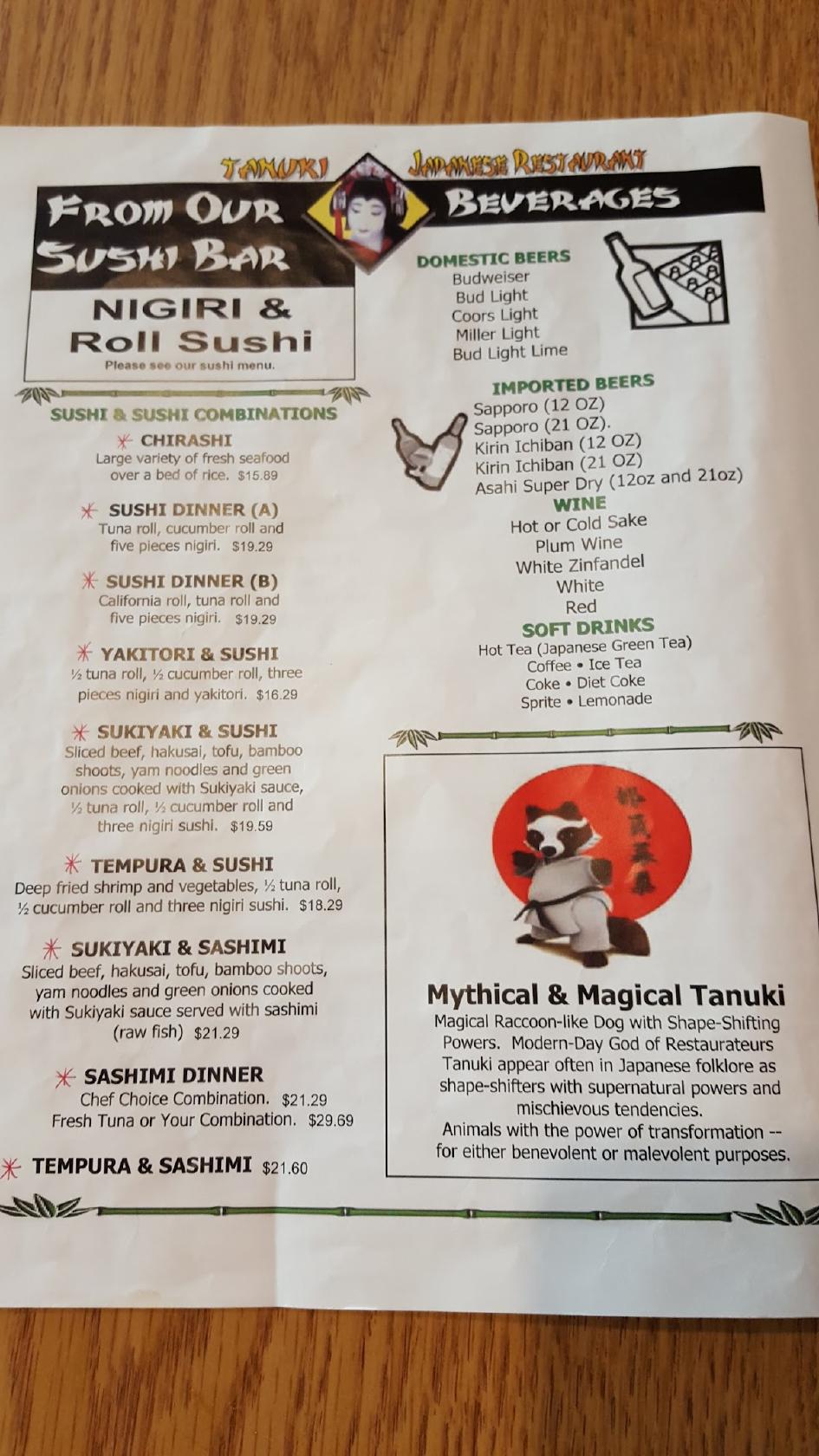 Menu at Tanuki Sushi Bar & Garden, Sierra Vista