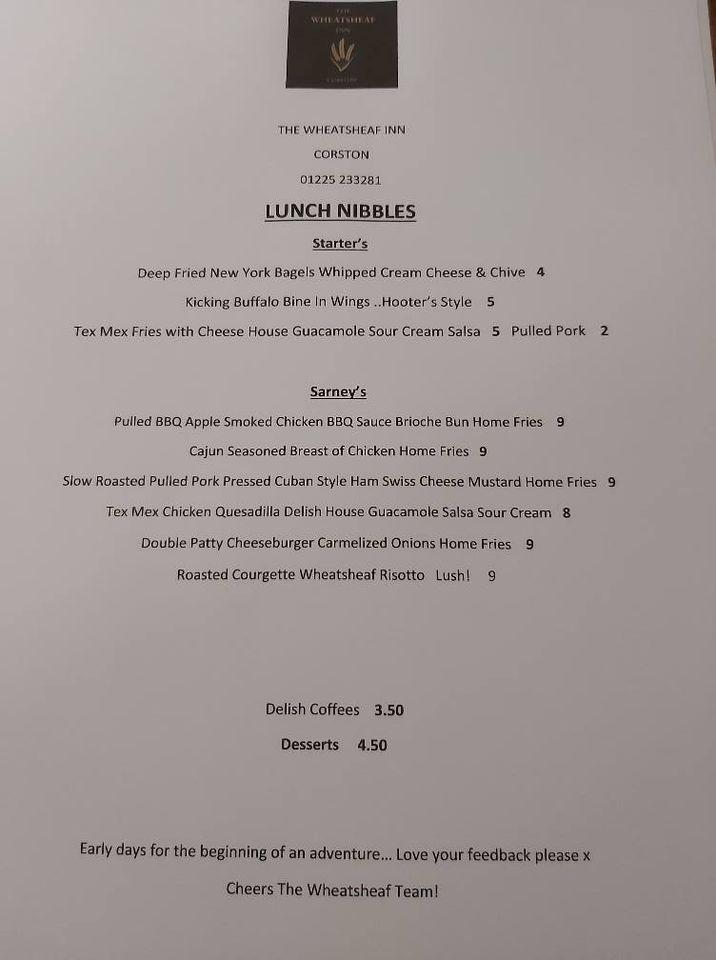 Menu at The Wheatsheaf Inn Corston pub & bar, Corston