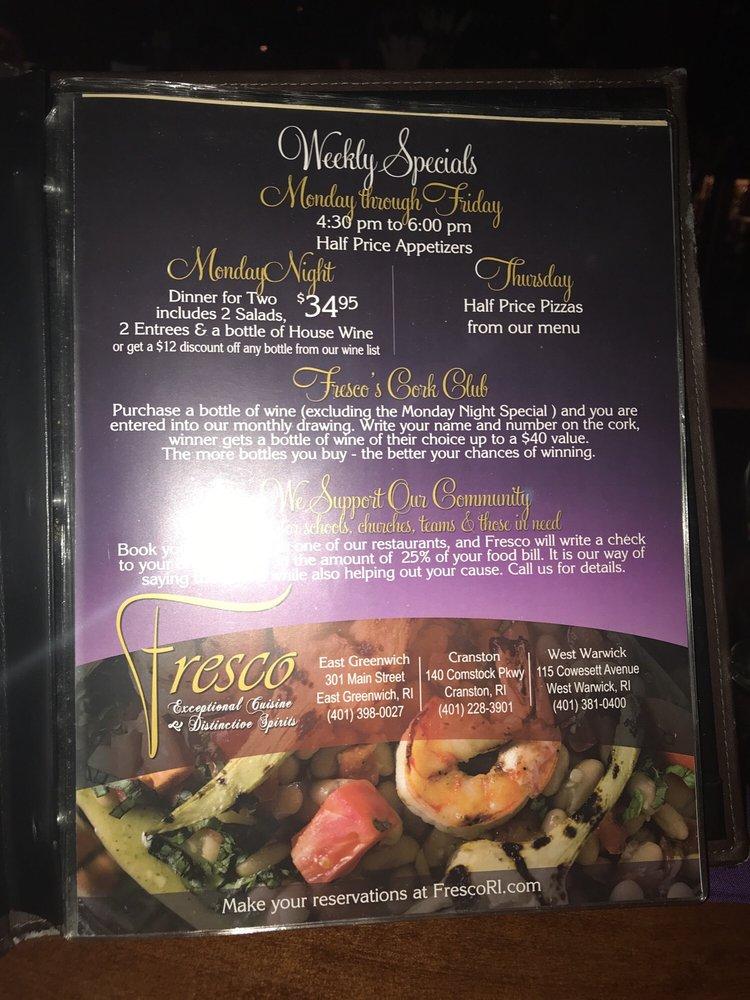 Menu at Fresco Cranston steakhouse, Cranston