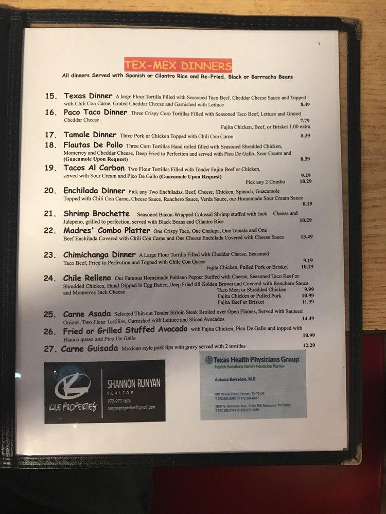 Menu at Madres Cocina restaurant, Forney