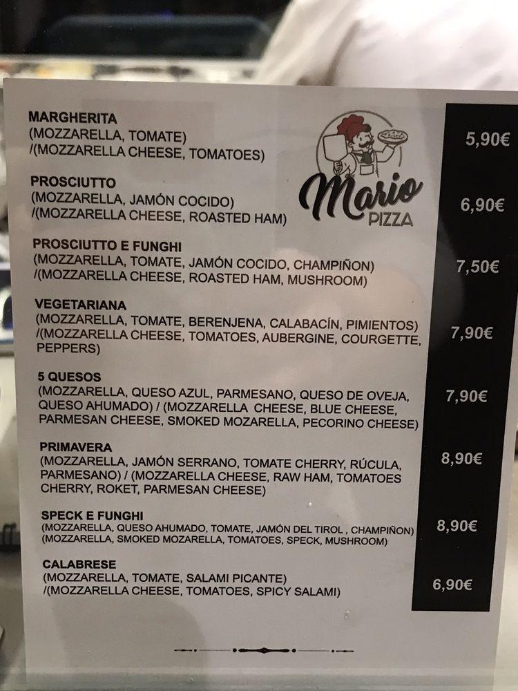 Menu at Mario Pizza pizzeria, Madrid