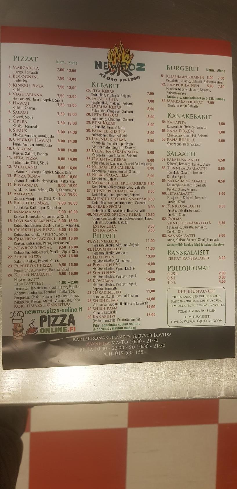 Menu at Newroz restaurant, Lovisa