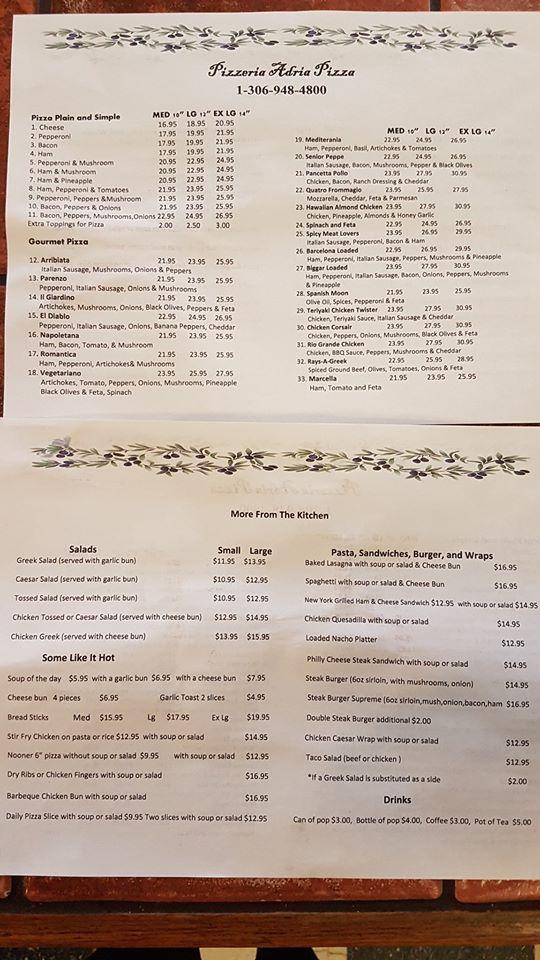Menu at Pizzeria Adria, Biggar