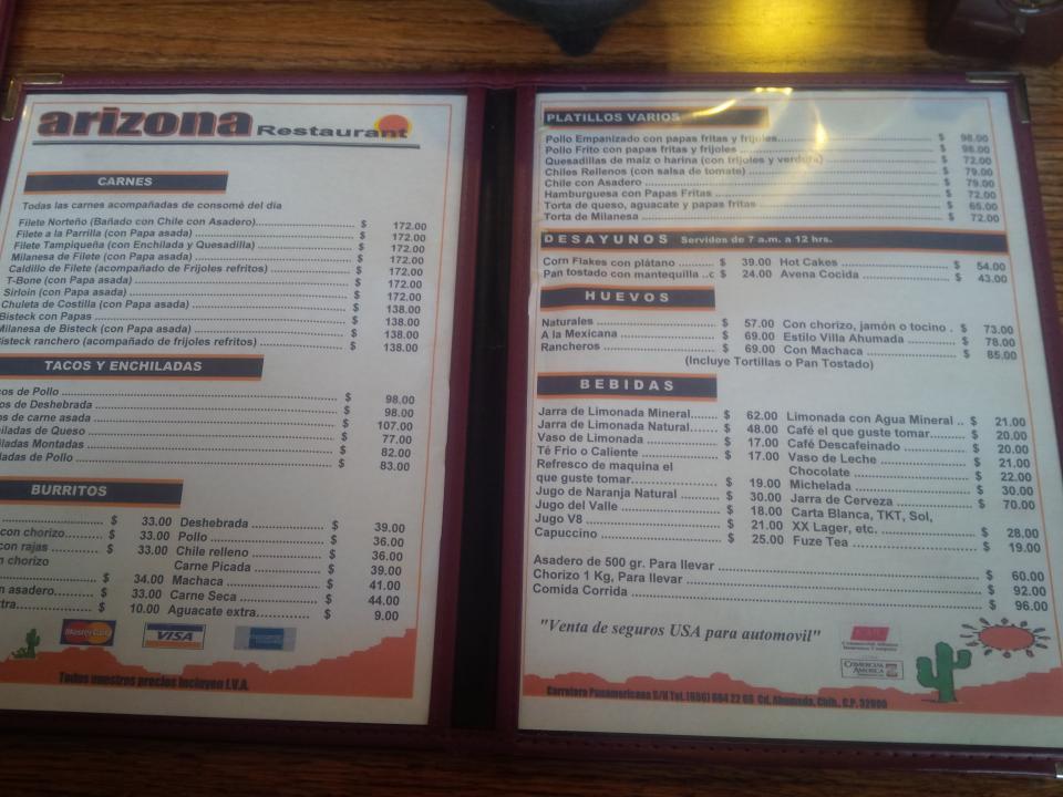 Menu at Restaurant Arizona, Villa Ahumada