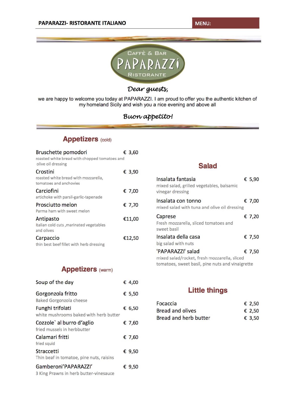 Speisekarte von Ristorante Paparazzi restaurant, Aachen