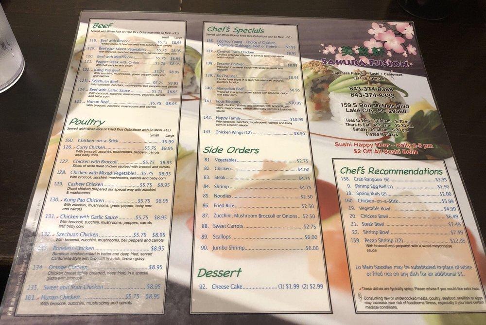 Menu at Sakura Fusion restaurant, Lake City
