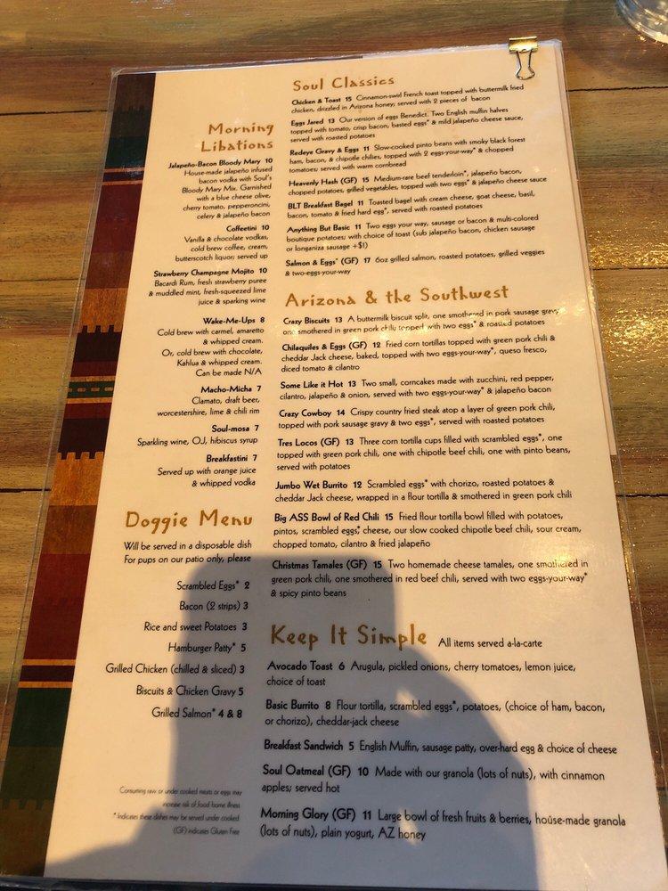 Menu at Soul Cafe, Scottsdale