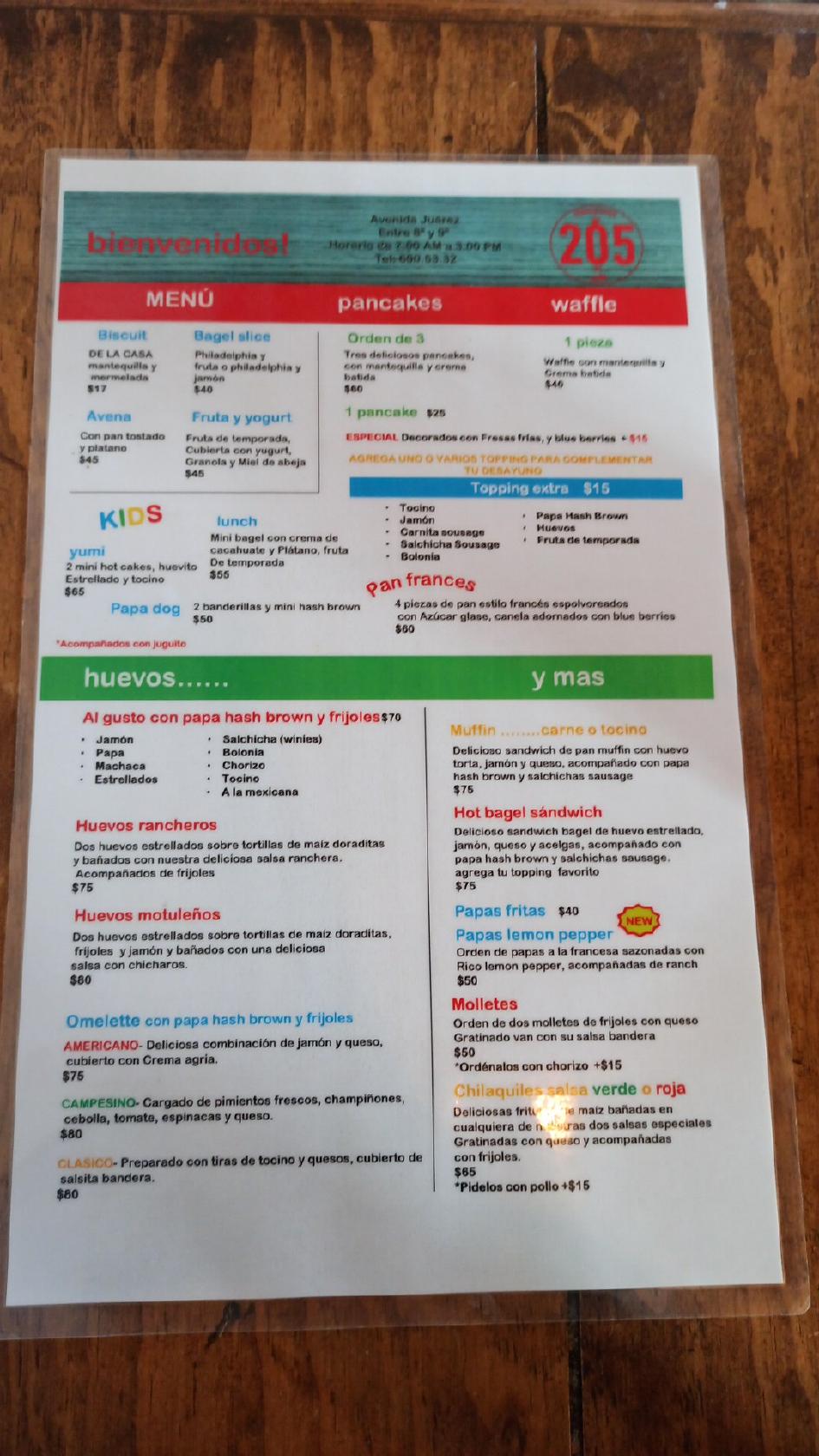 Menu at 205 desayunos & cafe, Cananea