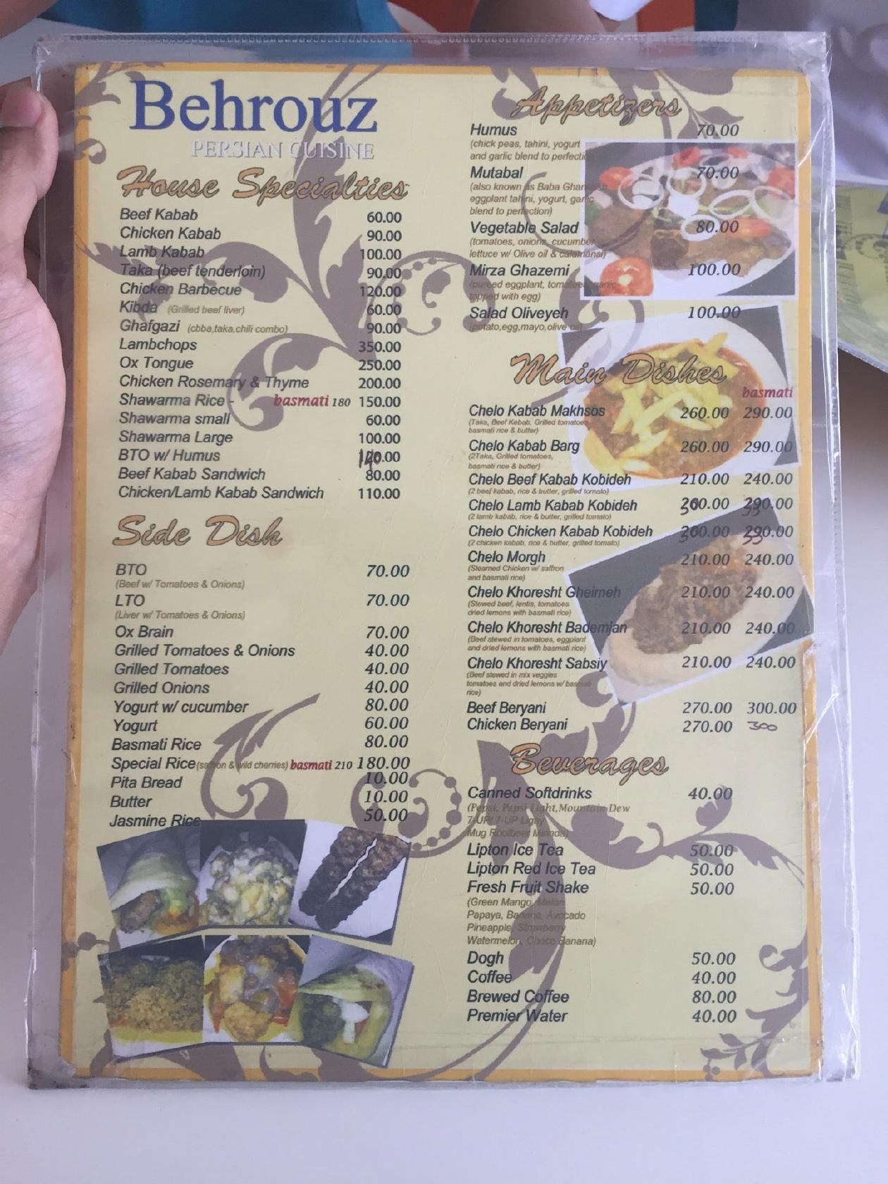 Menu at Behrouz Persian Cuisine restaurant, Quezon City, 50 Sct. Tobias St