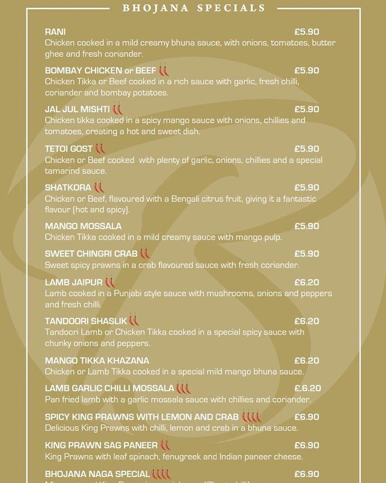 Menu at Bhojana restaurant, Jarrow