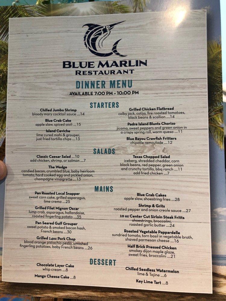 Menu at Blue Marlin at The Pearl, South Padre Island