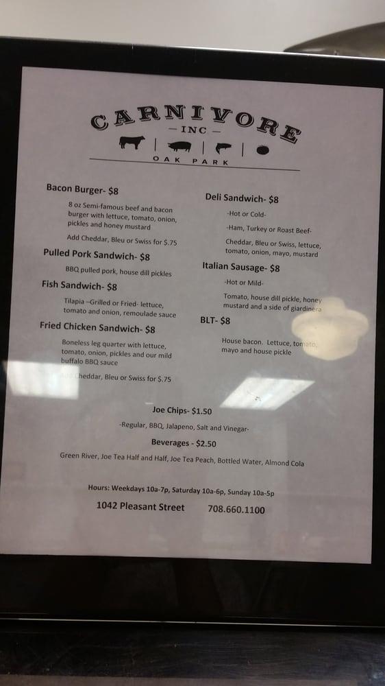 Menu at Carnivore Oak Park restaurant, Oak Park