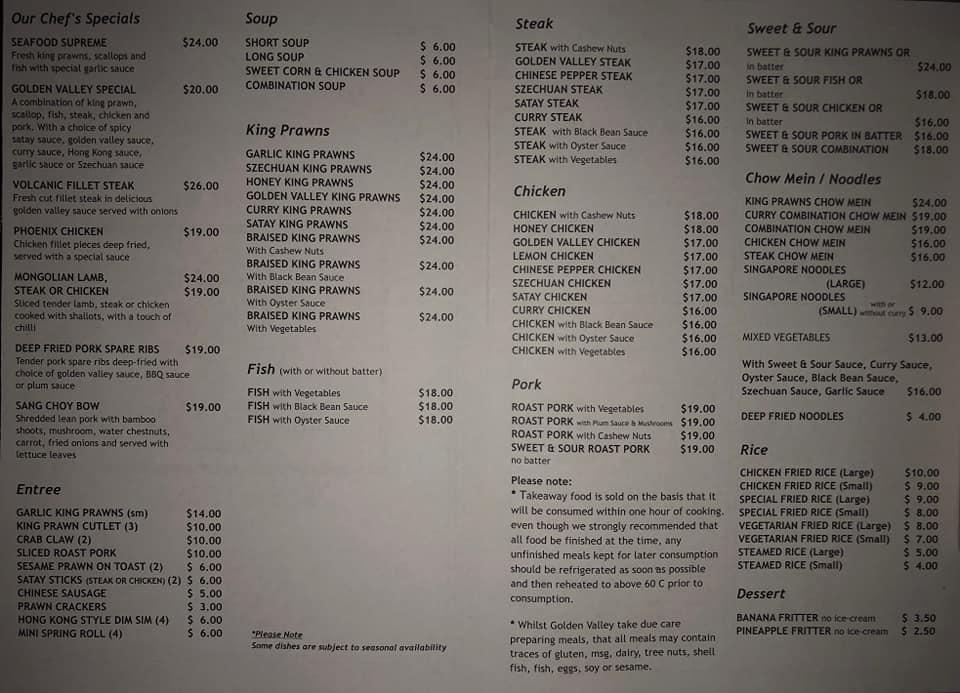 Menu at Golden Valley Chinese Restaurant, Bacchus Marsh
